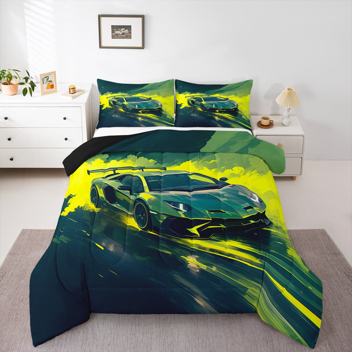 Erosebridal Racing Car Comforter Sets Full Size, Yellow Green ...