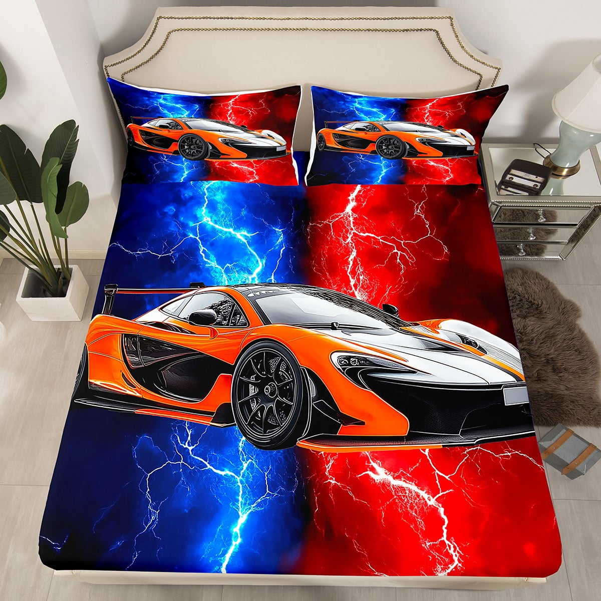 Erosebridal Racing Car Fitted Sheet Queen,Lightning Car Bed Sheets,Red ...