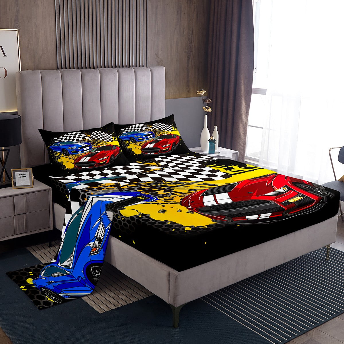 Erosebridal Racing Car Queen Sheet Sets,Geometric Honeycomb Bedding ...