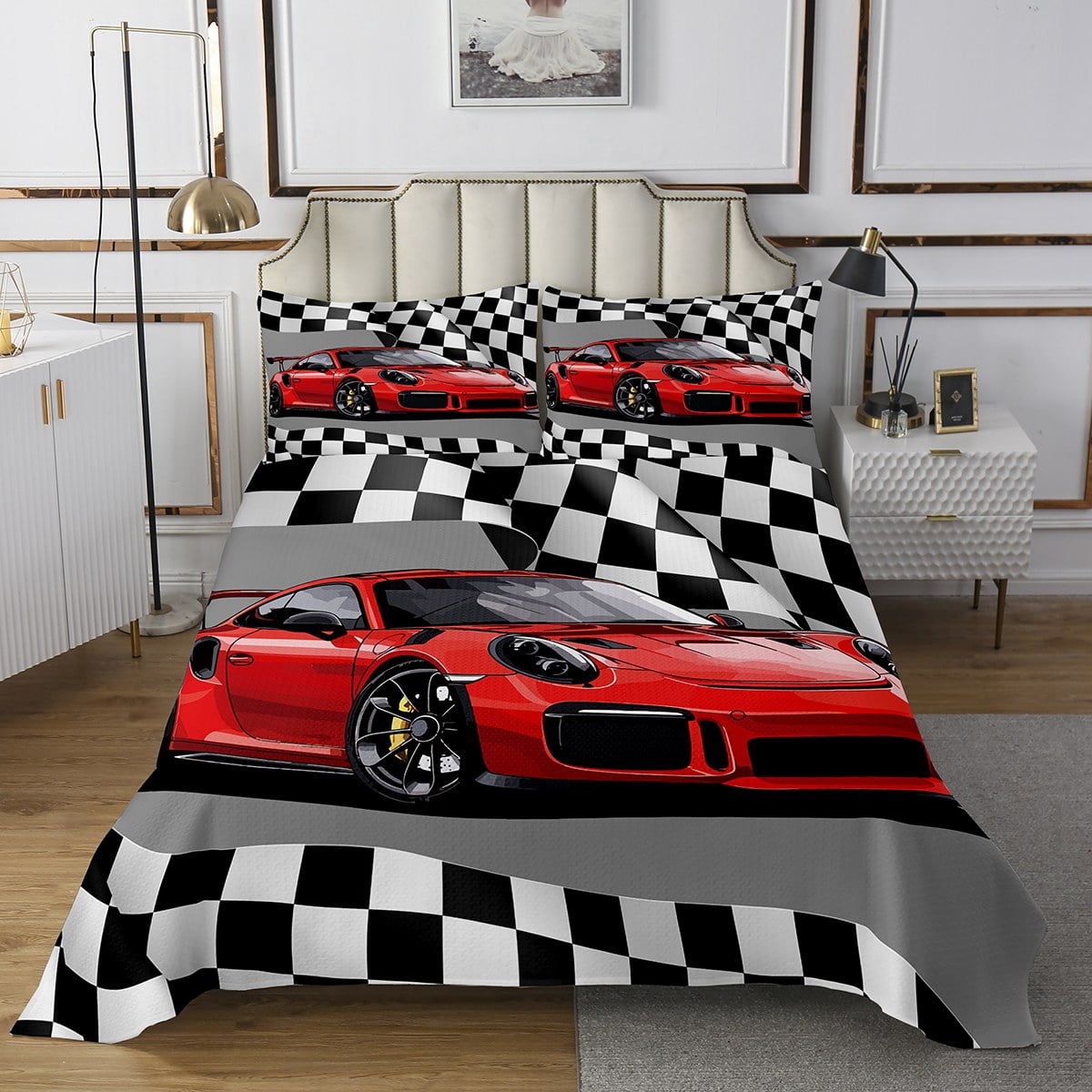 Erosebridal Racing Car Quilt Sets for Twin Size Bed, Checkered Flag Bed ...