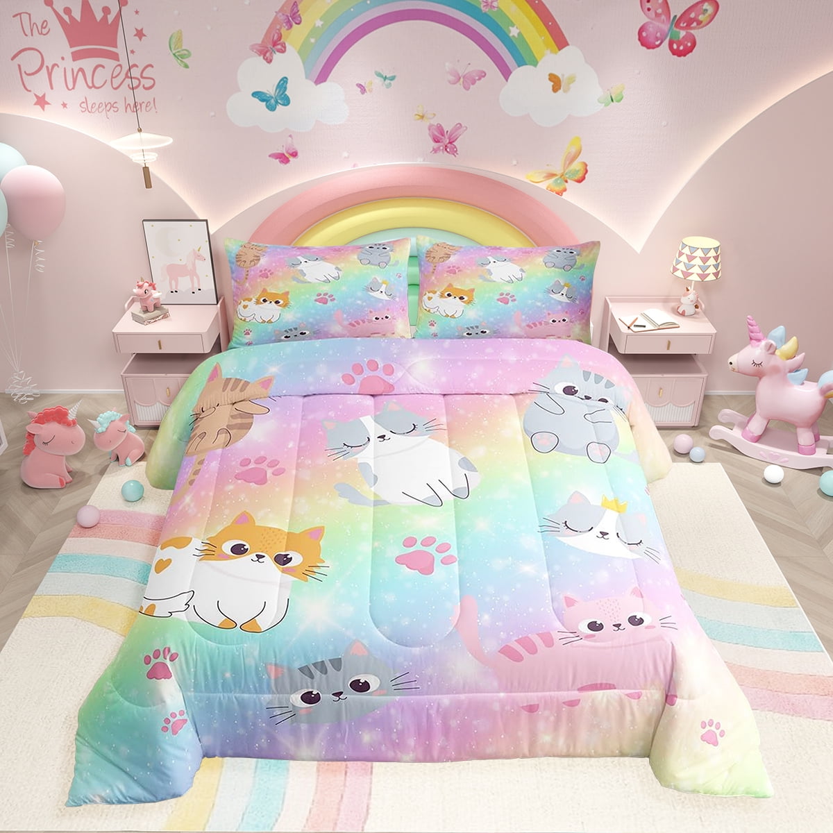 Erosebridal Rainbow Cat Queen Bedding Sets , Cute Cat Comforter Set ...