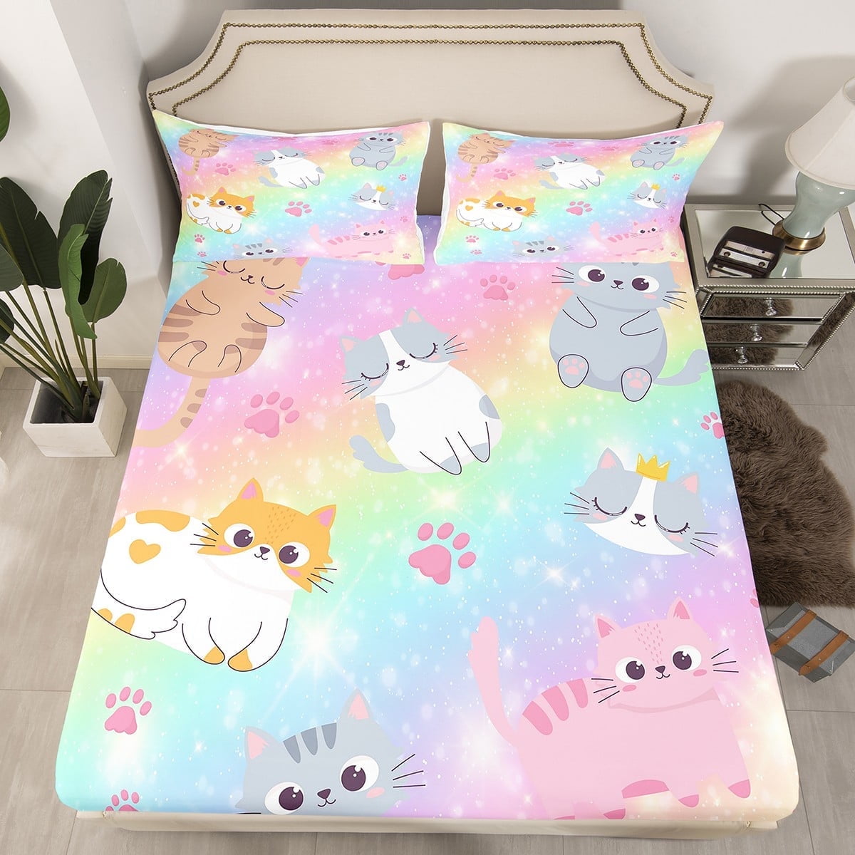 Erosebridal Rainbow Cat Twin Sheets , Cute Cats Fitted Sheets Teen ...