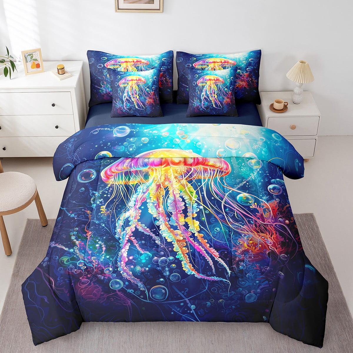 Erosebridal Rainbow Jellyfish Bedding Set 7 Pcs Full Size,Ocean Animal ...