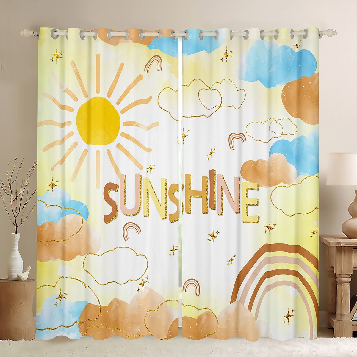 Erosebridal Rainbow Sky Curtains and Drapes (42Wx90L),Cartoon Sun Cloud ...