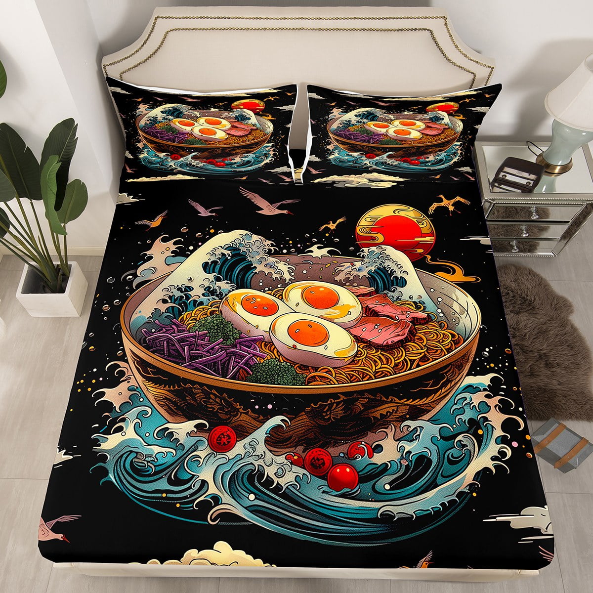 Erosebridal Ramen Noodle Queen Bedding Set,Japanese Ocean Waves Fitted ...