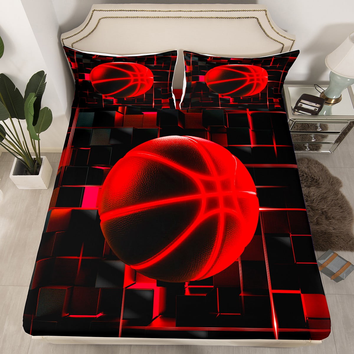 Erosebridal Red Basketball Fitted Sheet Set Full,Modern Geometric Grid Bedding Full Size,Glowing ...