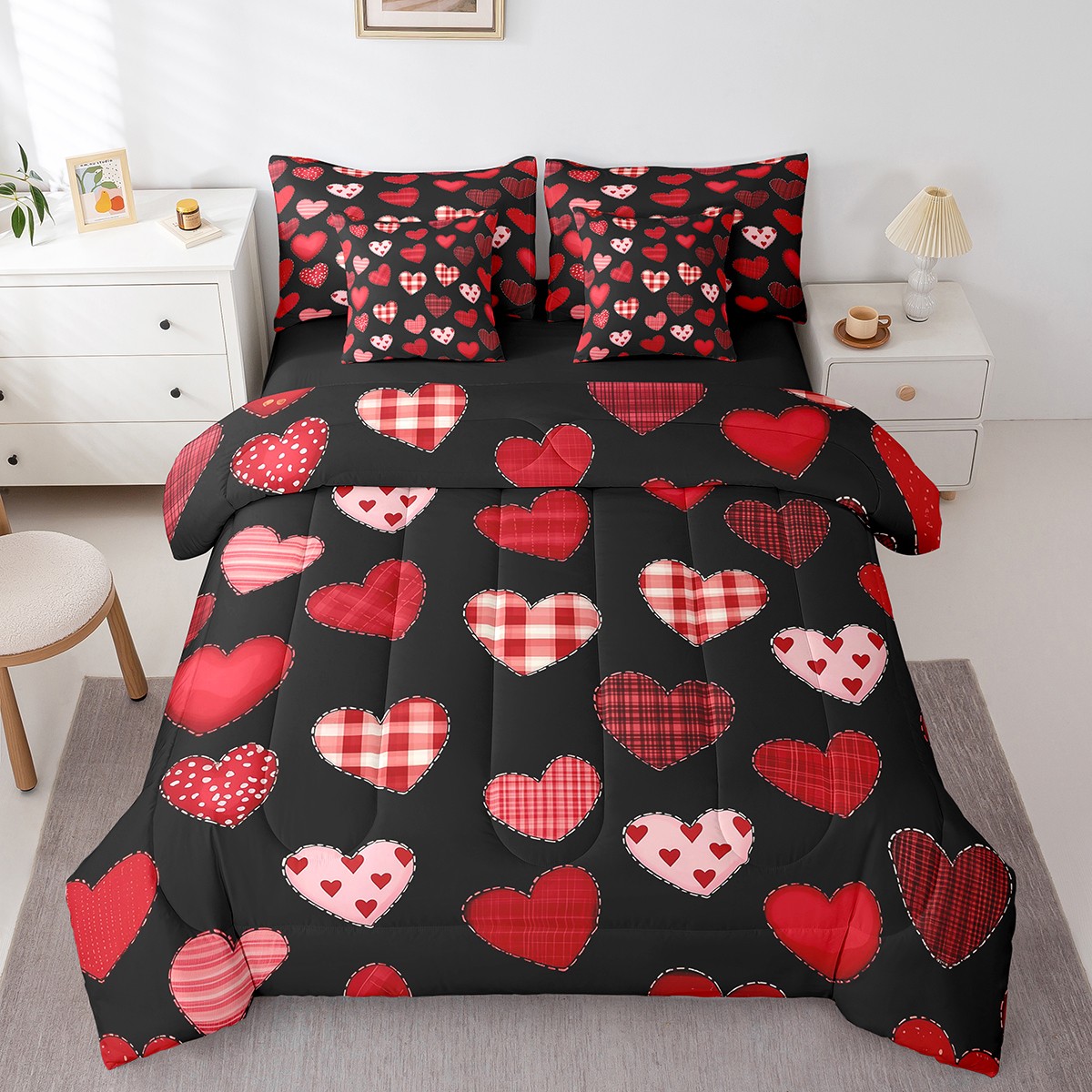 Erosebridal Red Black Comforter Set with Sheets Cute Heart Print 7 ...