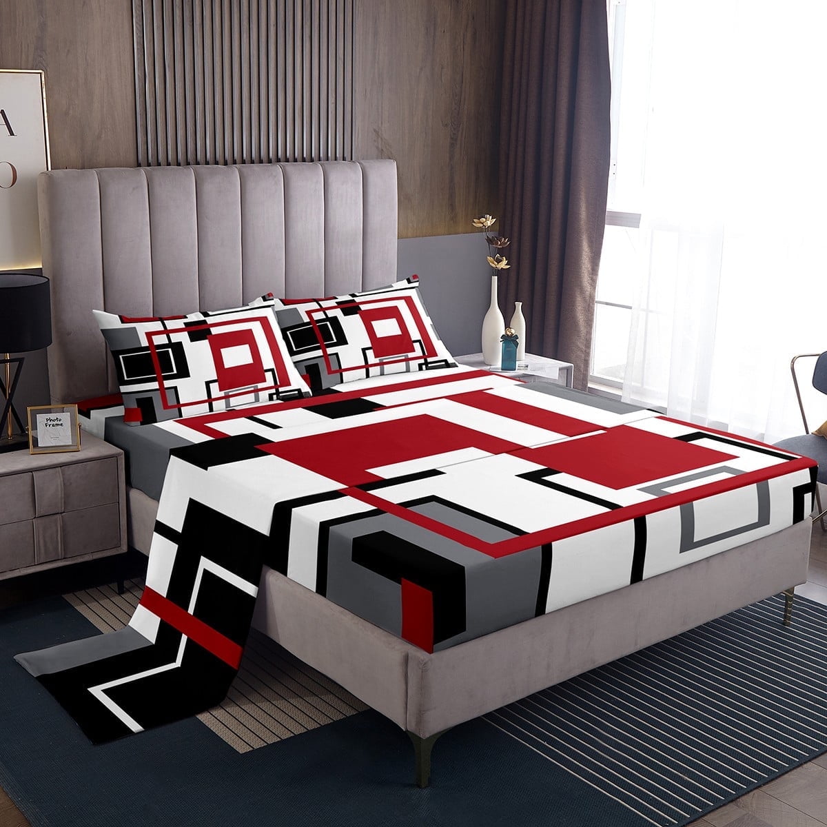 Erosebridal Red Black White Grey Bed Sheets Deep Pocket,Geometric ...