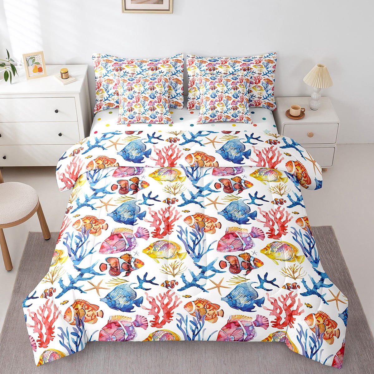 Erosebridal Red Blue Coral Bedding Sets Twin Size, Sea Fish Comforter ...