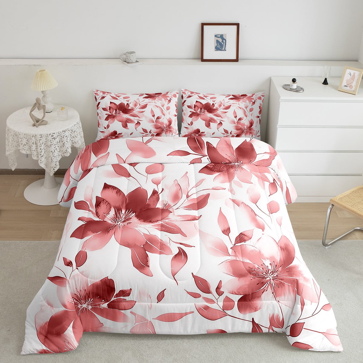 Erosebridal Red Boho Floral Comforter Sets Twin Size, Retro Botanical ...