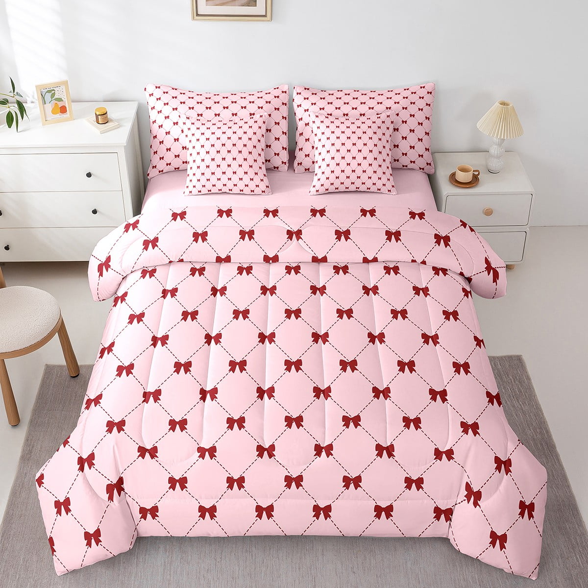 Erosebridal Red Bowknots Bed in a Bag Cartoon Hand Drawn Cute Grid Print Comforter Set with ...