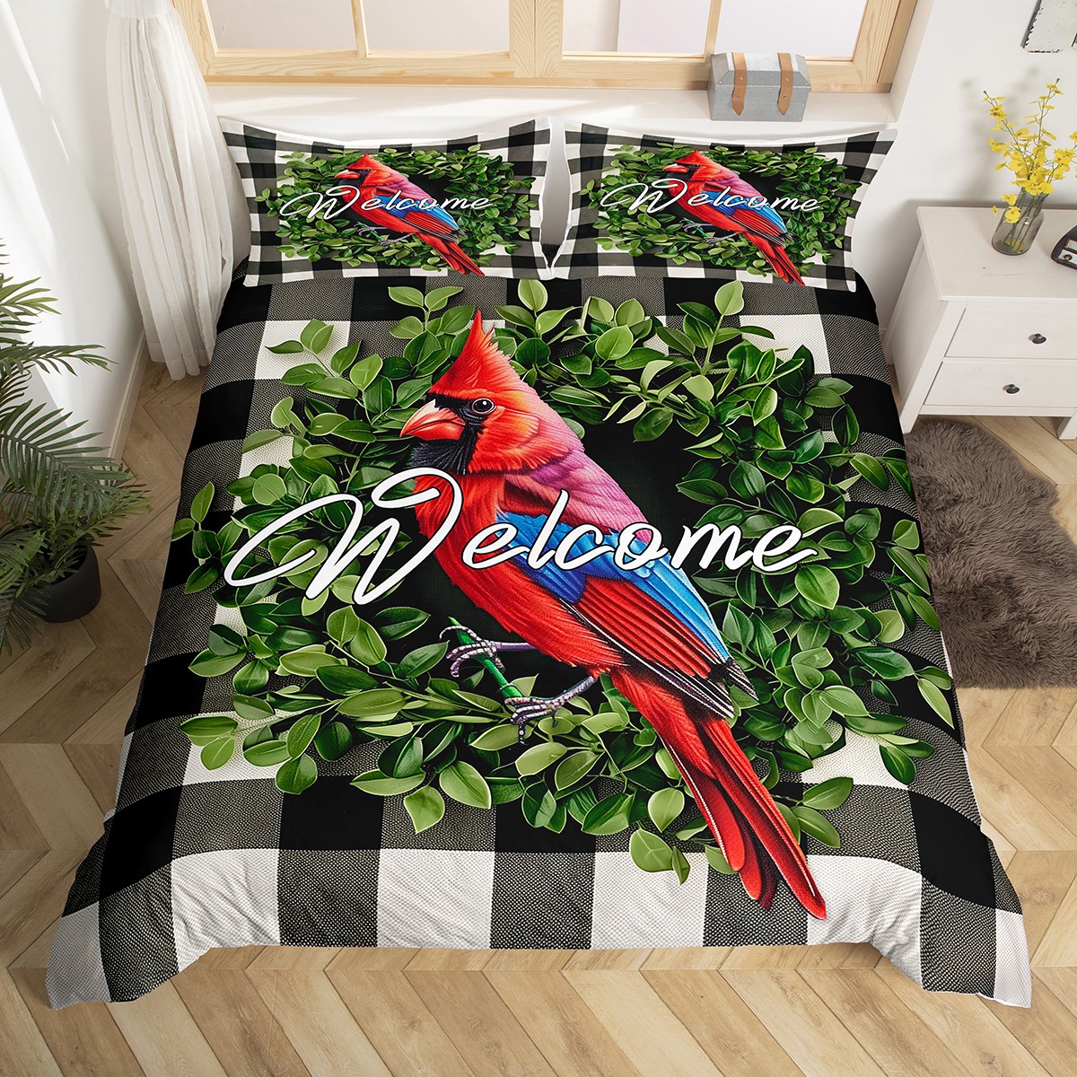 Erosebridal Red Cardinal Duvet Cover Garden Botanical Plant Bedding Set ...