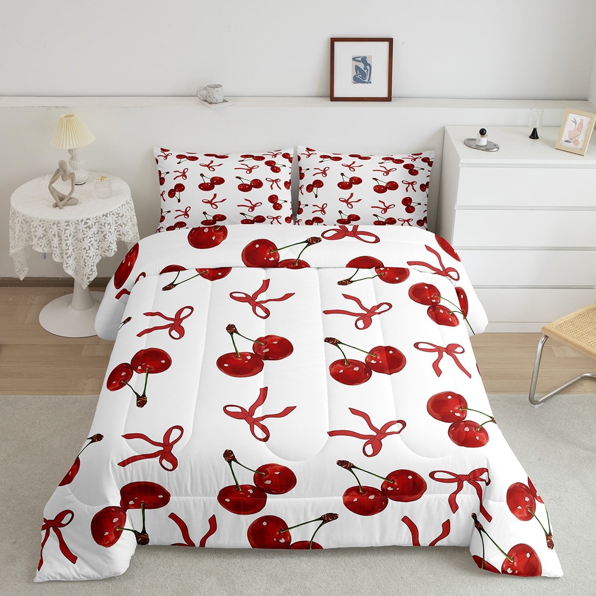 Erosebridal Red Cherry Bedding Queen Comforter Set, Cartoon Bow Down ...