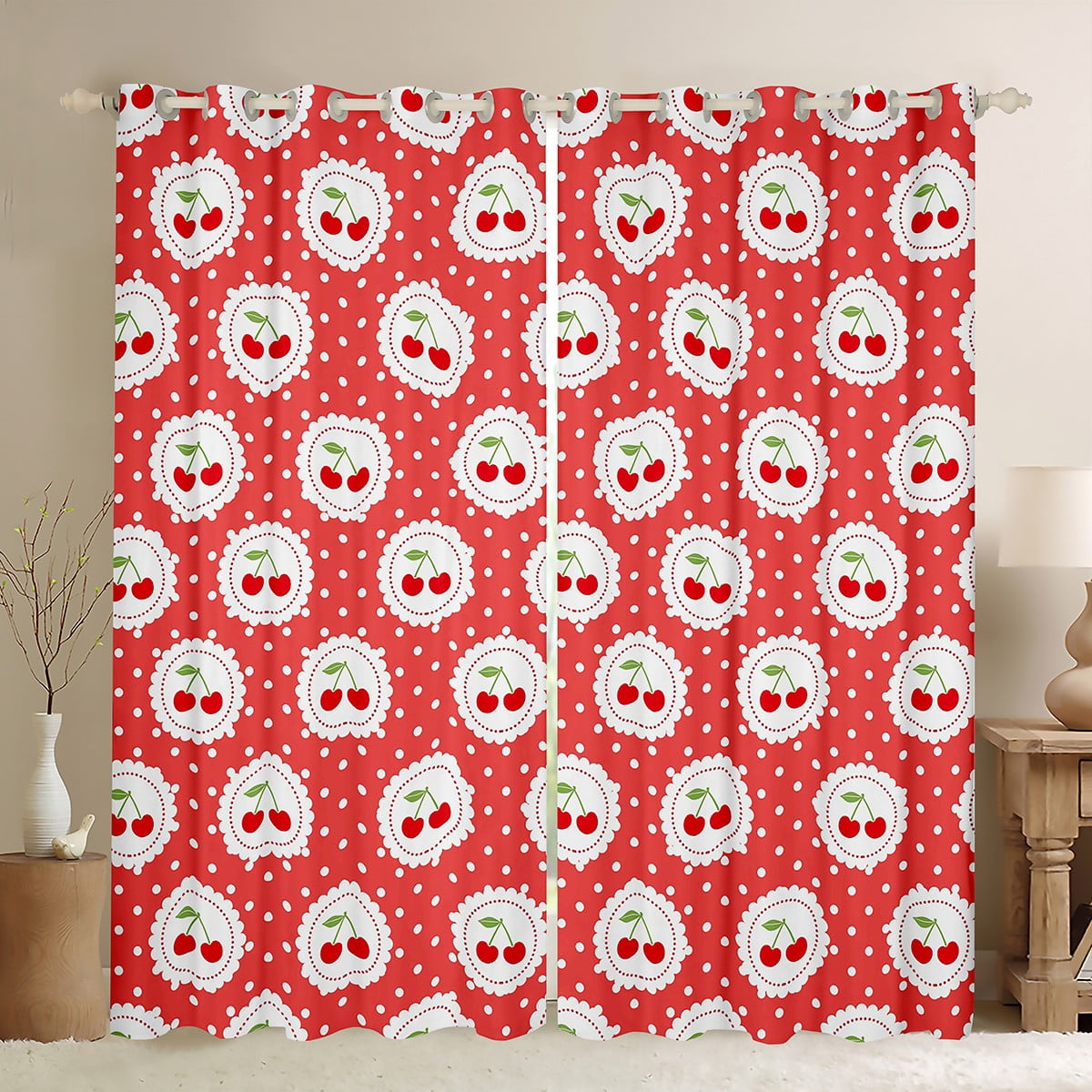 Erosebridal Red Cherry Curtains and Drapes (52x84), Kawaii Polka Dots ...