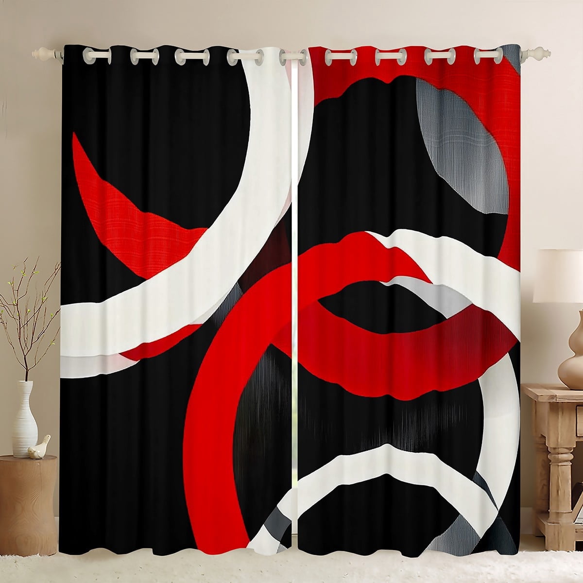 Erosebridal Red Circle Curtains for Living Room,Geometric Stripes ...