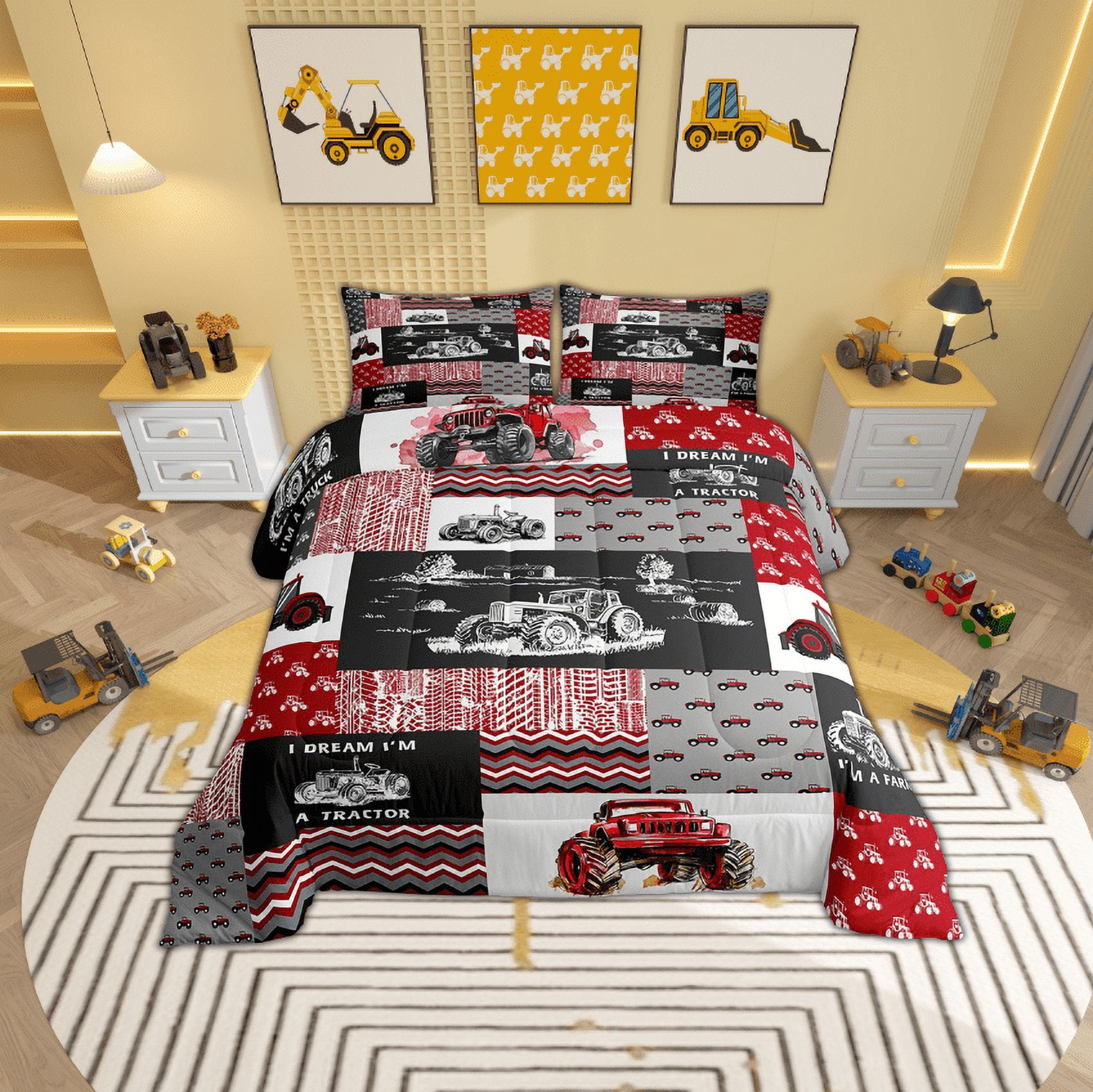 Erosebridal Red Farm Tractor Comforter Sets Twin Size, Equippment Truck ...