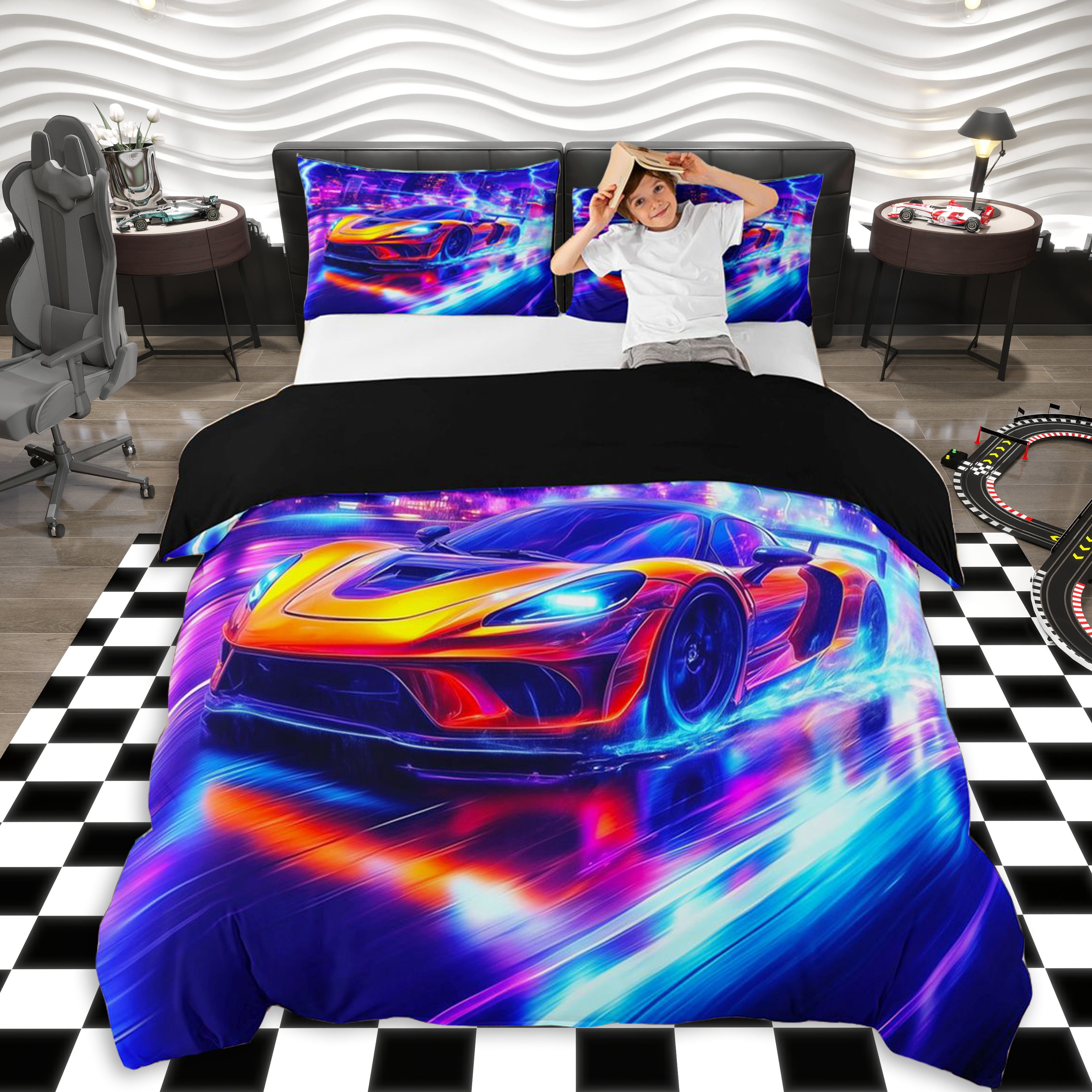 Erosebridal Red Fast Car Queen Duvet Cover Set For Kids Boys,Car Theme ...