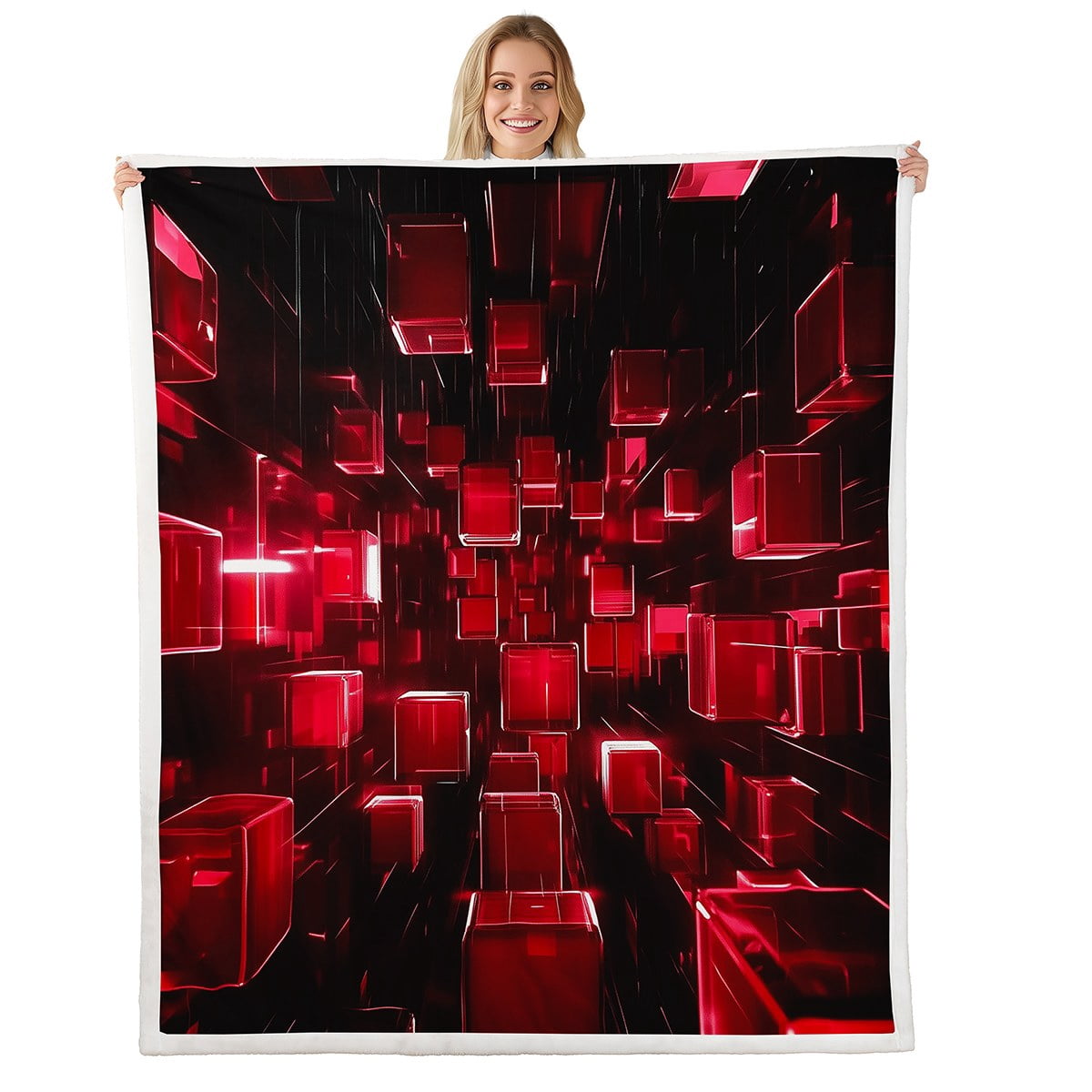 Erosebridal Red Geometric Sherpa Blanket, Gradient Sauqre Fuzzy Blanket ...