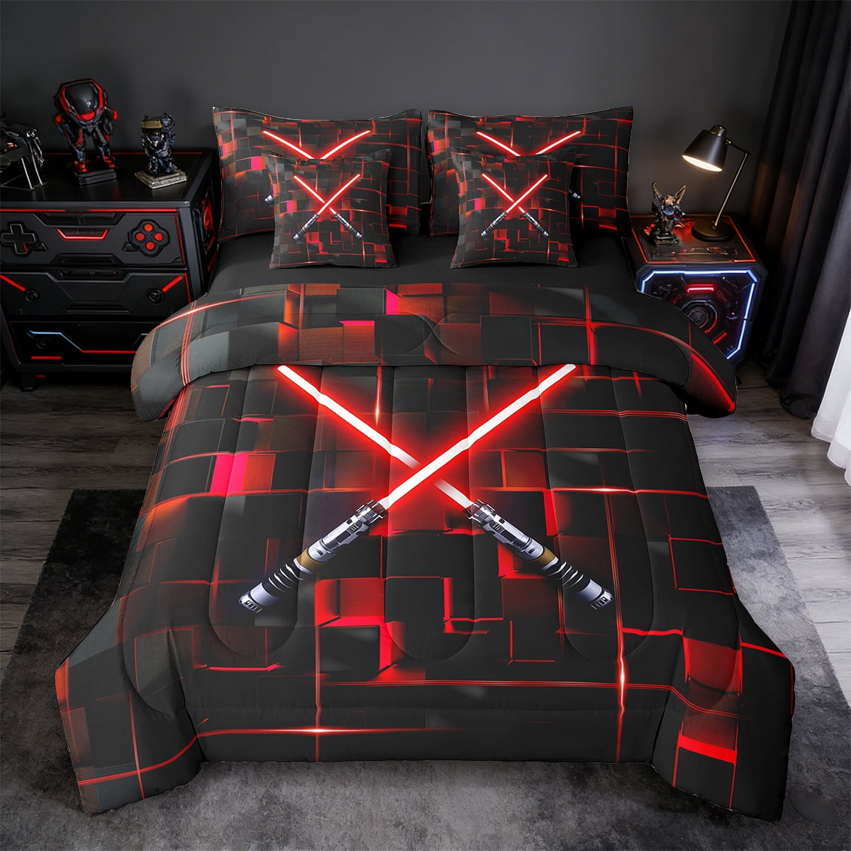 Erosebridal Red Lightsaber Bedding Sets Queen Size,3D Geometric Plaid ...