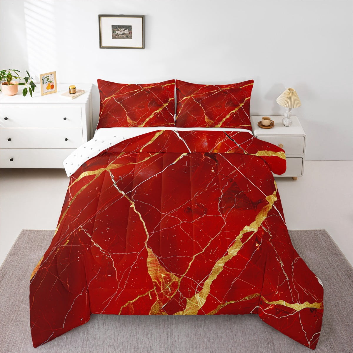 Erosebridal Red Marble Comforter Sets Queen Size,Abstract Stone Texture ...