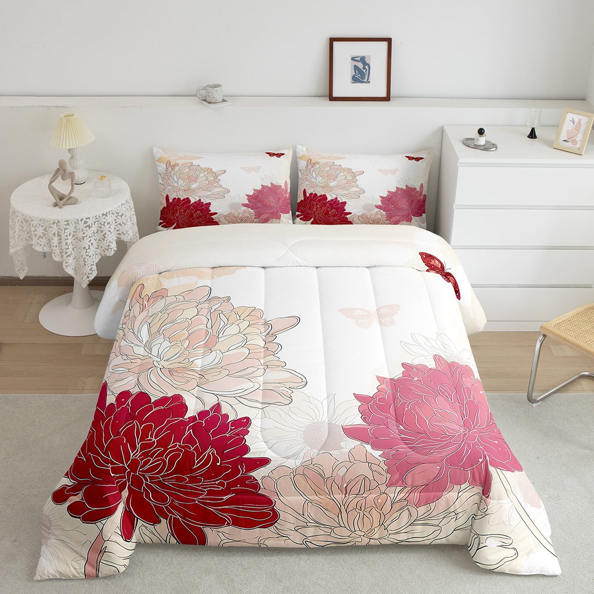 Erosebridal Red Pink Flower Comforter Sets King Size, Chic Floral ...