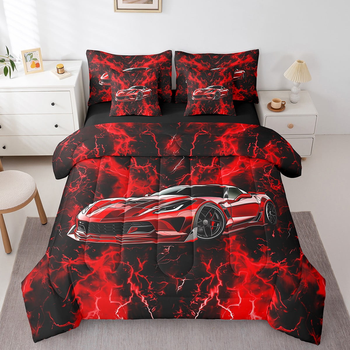 Erosebridal Red Race Car Bedding Sets Twin Size,Smoky Racing Car Comforter Sets with Sheets ...