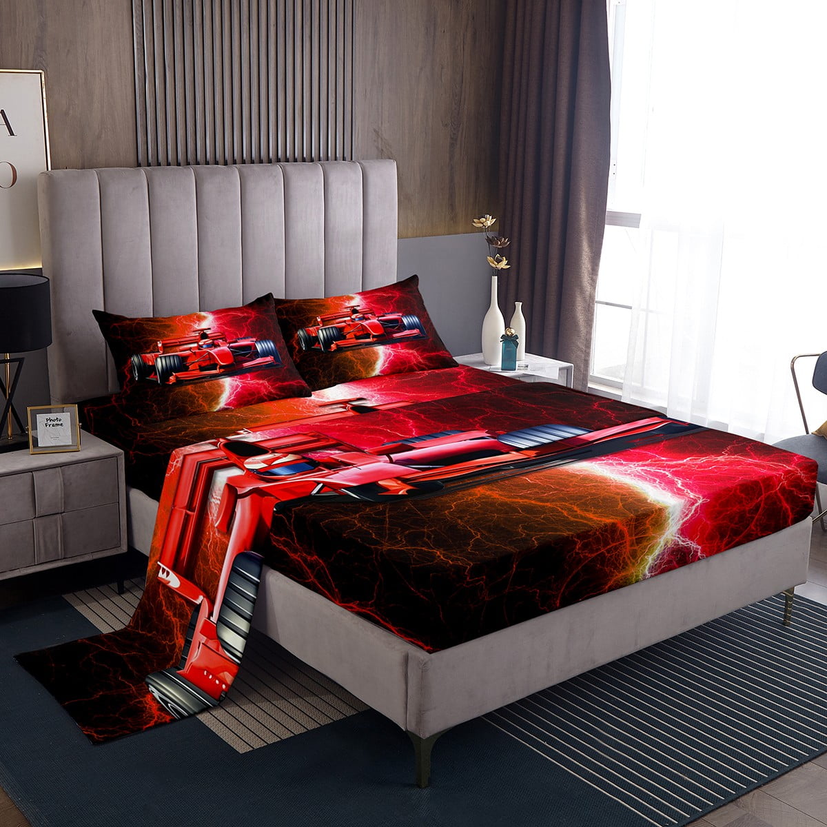 Erosebridal Red Racing Car Bed Sheets Set Twin Size, Lightning Print ...