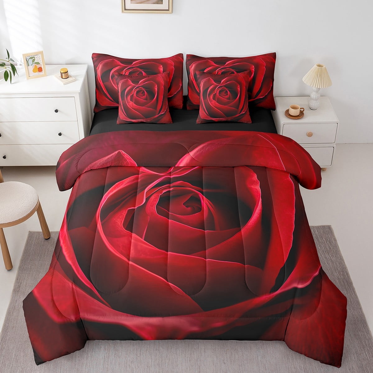Erosebridal Red Rose Comforter Set Women 3D Rose Print Bedding Sets 7 ...