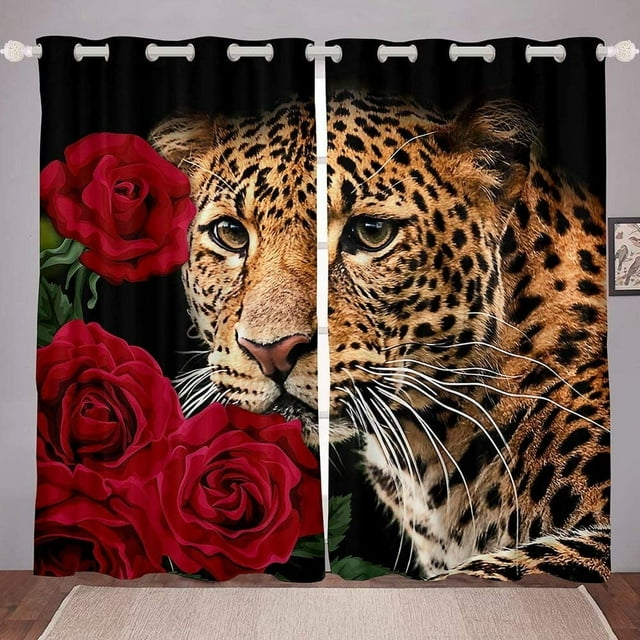 Erosebridal Red Rose Curtains 3D Cheetah Window Treatments,Cat Leopard ...