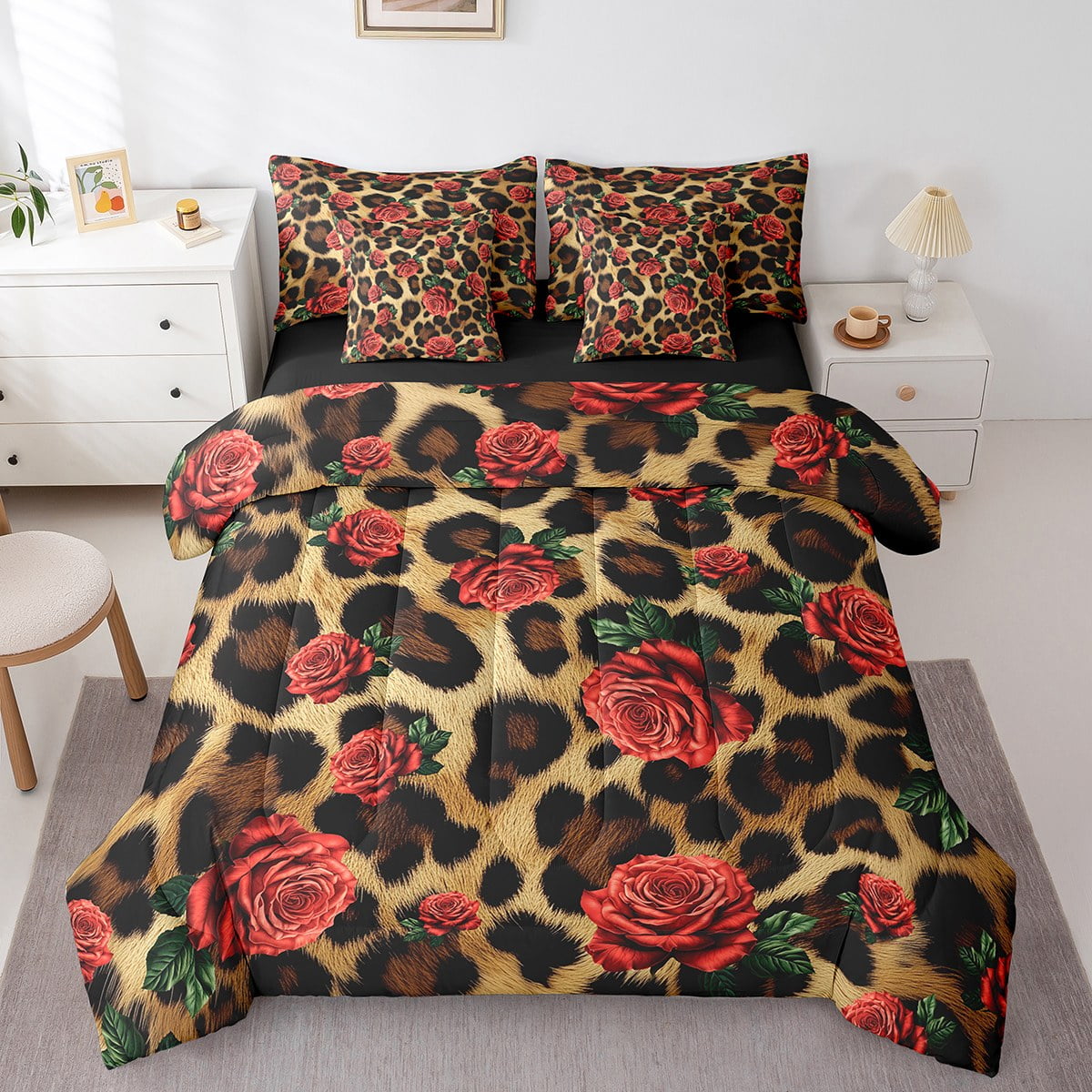Erosebridal Red Rose Floral Bed in a Bag Twin size, Brown Leopard Print ...