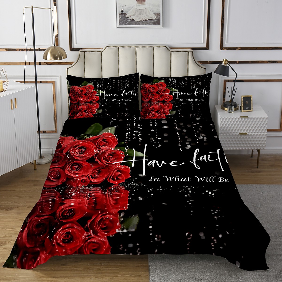 Erosebridal Red Rose Quilt Set Blooming Floral Botanical Leaf Bedding ...
