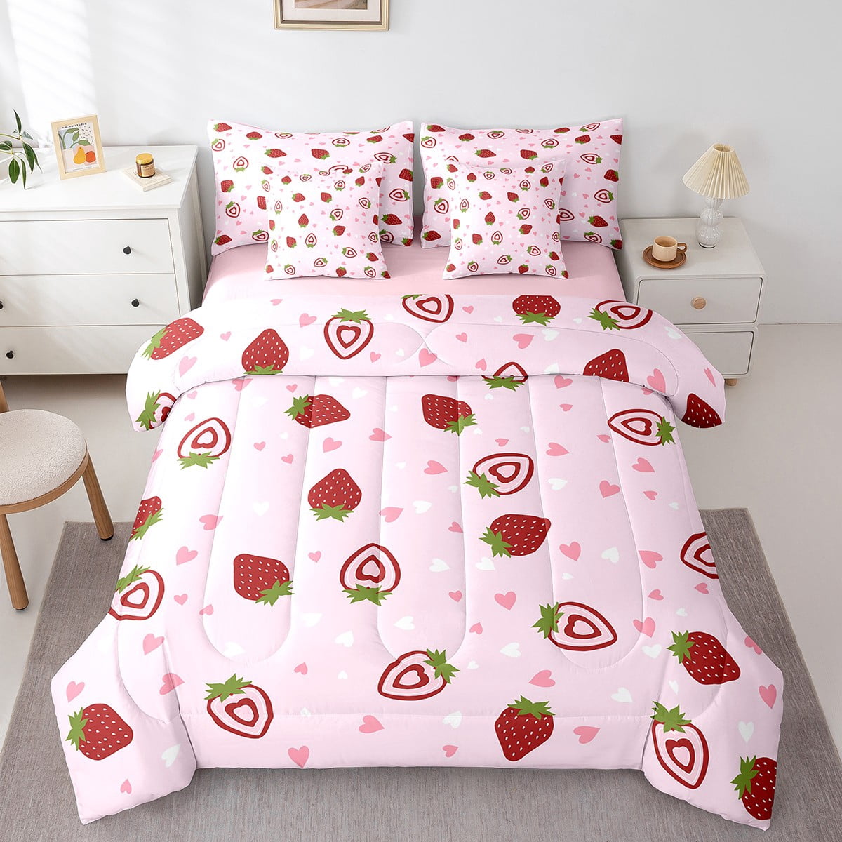 Erosebridal Red Strawberry Bedding Sets King Size, Pink Comforter Sets ...