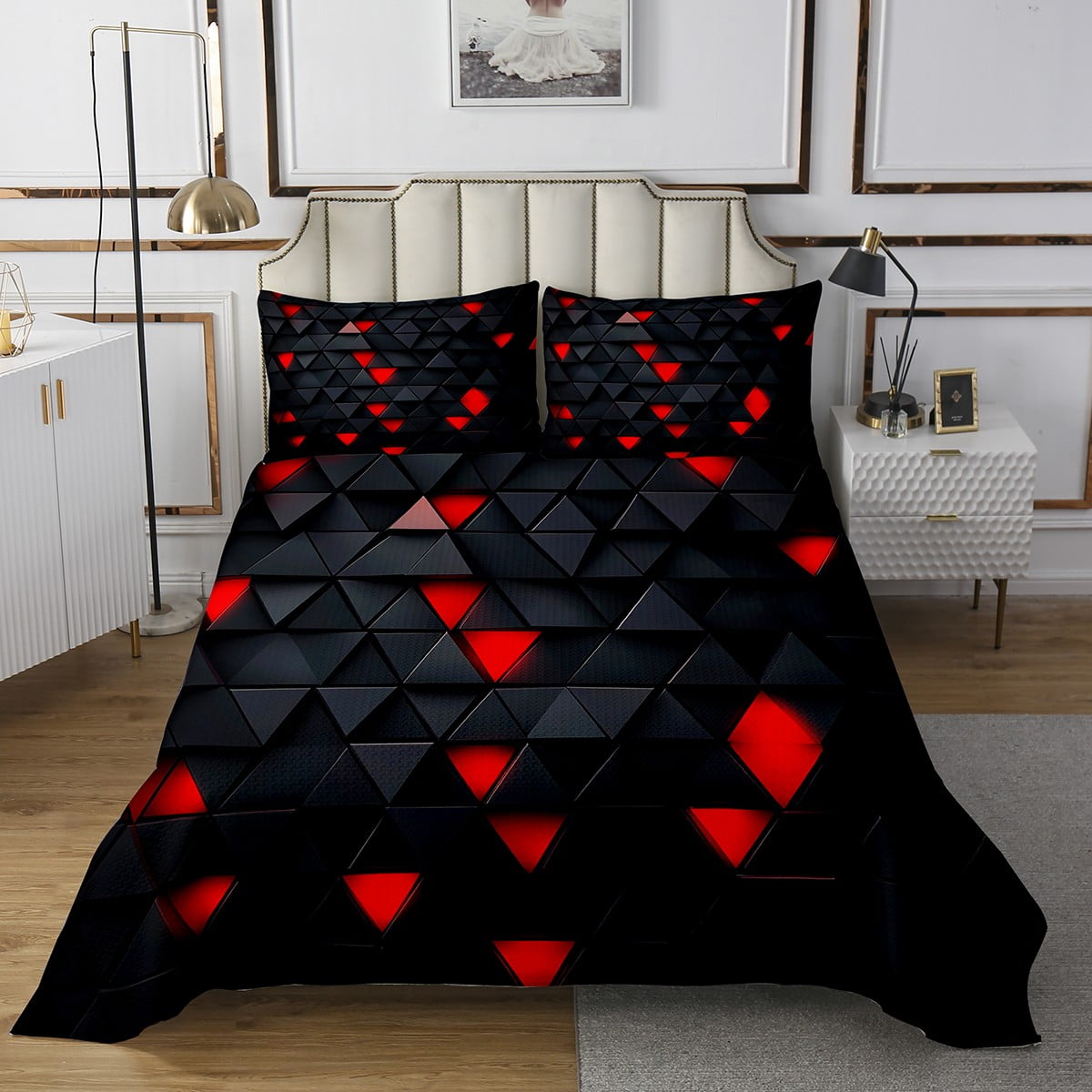 Erosebridal Red and Black Bedspread Triangle Coverlet Set Queen Size ...