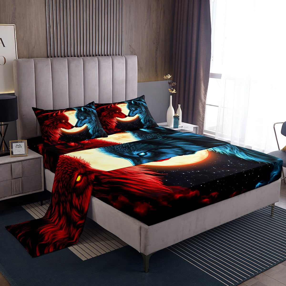 Erosebridal Red and Blue Wolf Bed Sheets Set Queen Size, Moon Aniaml ...