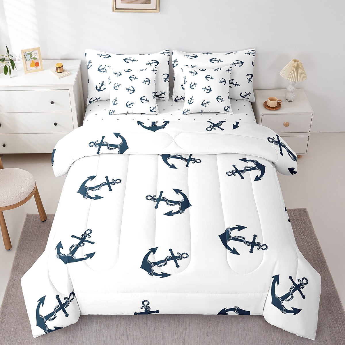 Erosebridal Retro Anchor Bed in a Bag Twin Size, Nautical Themed Bed Set, White Navy Blue ...