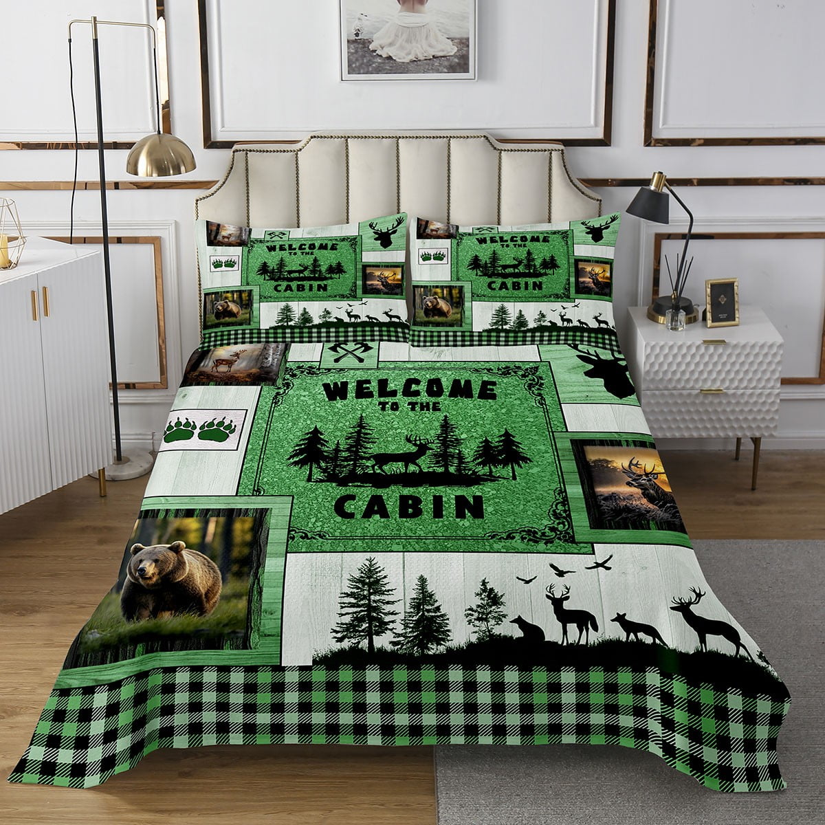 Erosebridal Retro Cabin Farmhouse Quilt Sets for Queen Size Bed,Hunting Theme Bed Set,Green ...