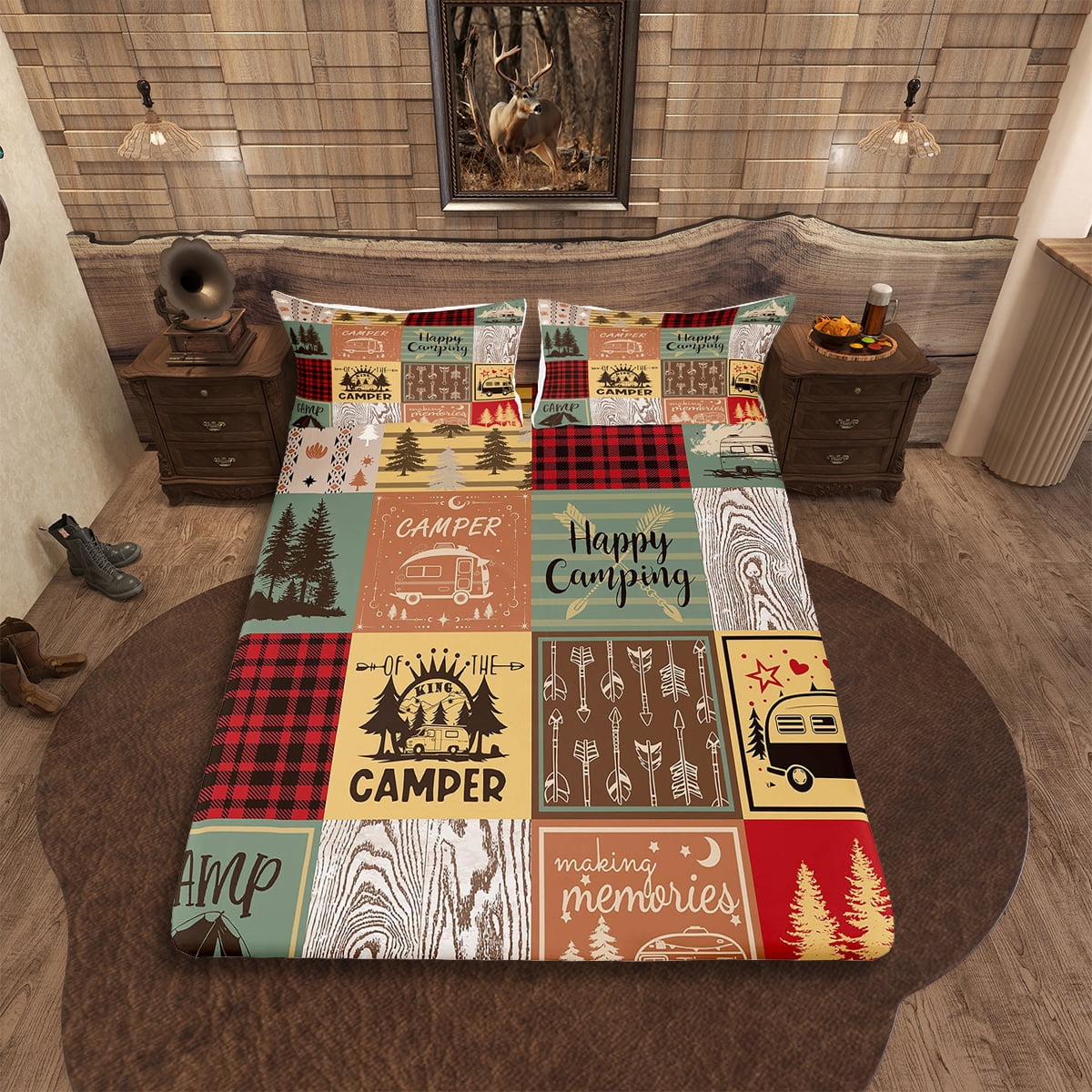 Erosebridal Retro Camper Fitted Sheet Happy Camping Full Sheet Set For ...