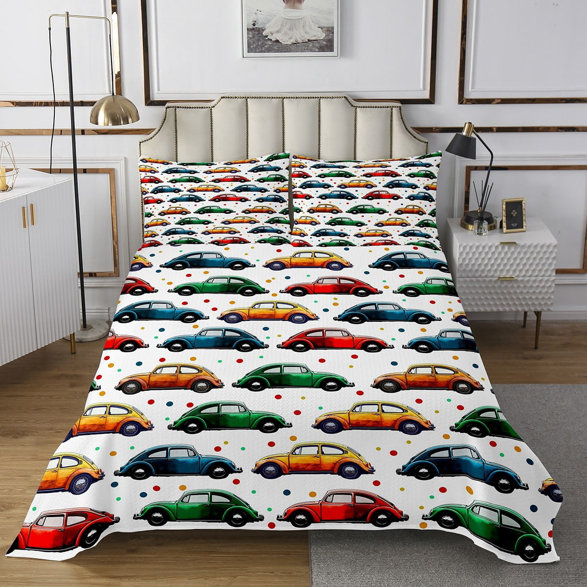 Erosebridal Retro Car Quilt Sets for Twin Size Bed, Colorful Bed Set ...