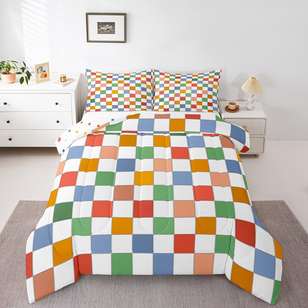 Erosebridal Retro Checkered Quilt Set Vintage 60S 70S Style Funky ...
