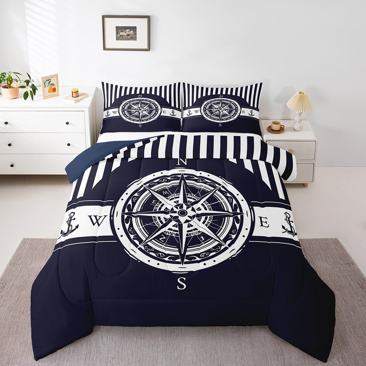 Erosebridal Retro Compass Bedding Queen Comforter Set, Nautical Theme ...