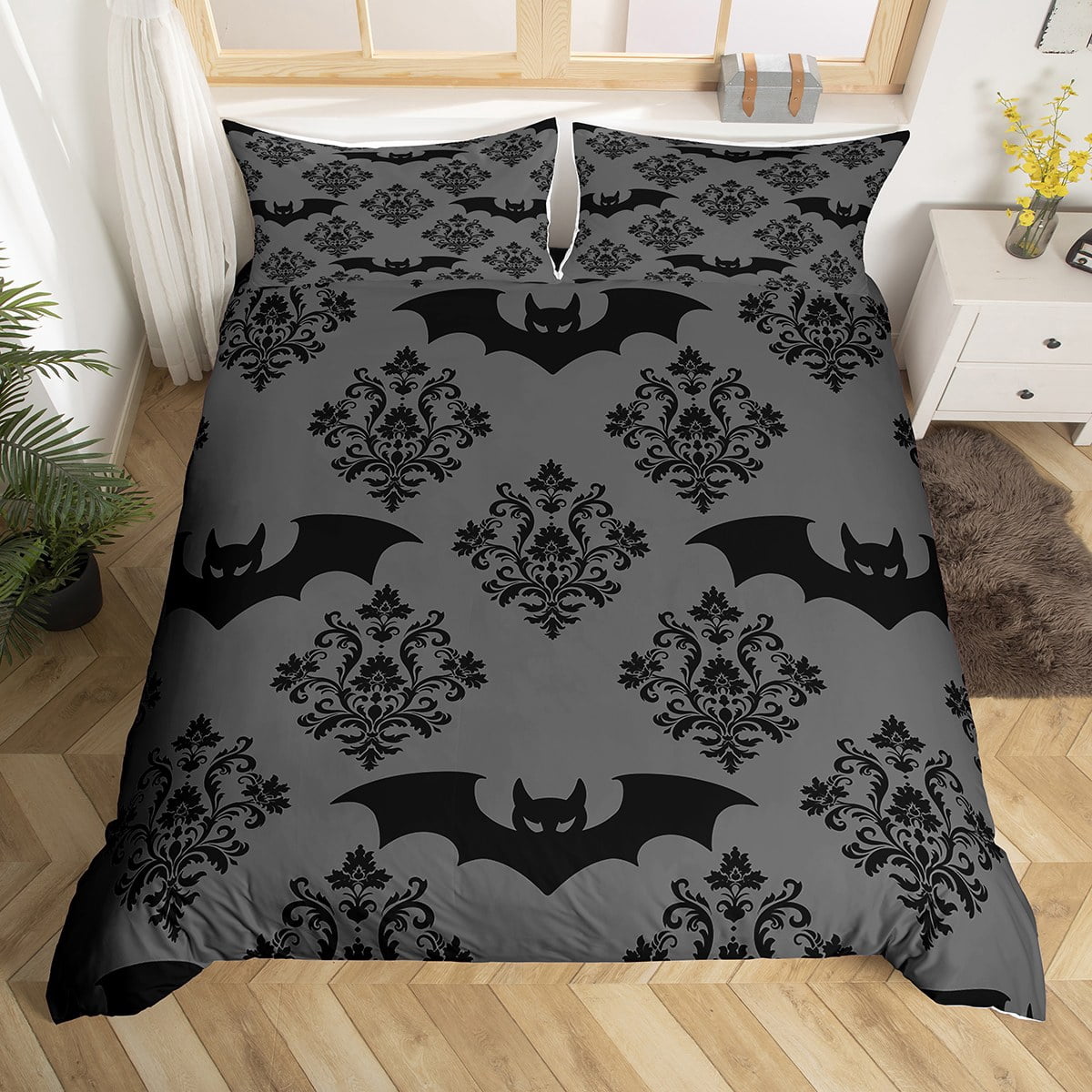 Erosebridal Retro Damask Duvet Cover King,Jungle Animal Bat Bedding ...