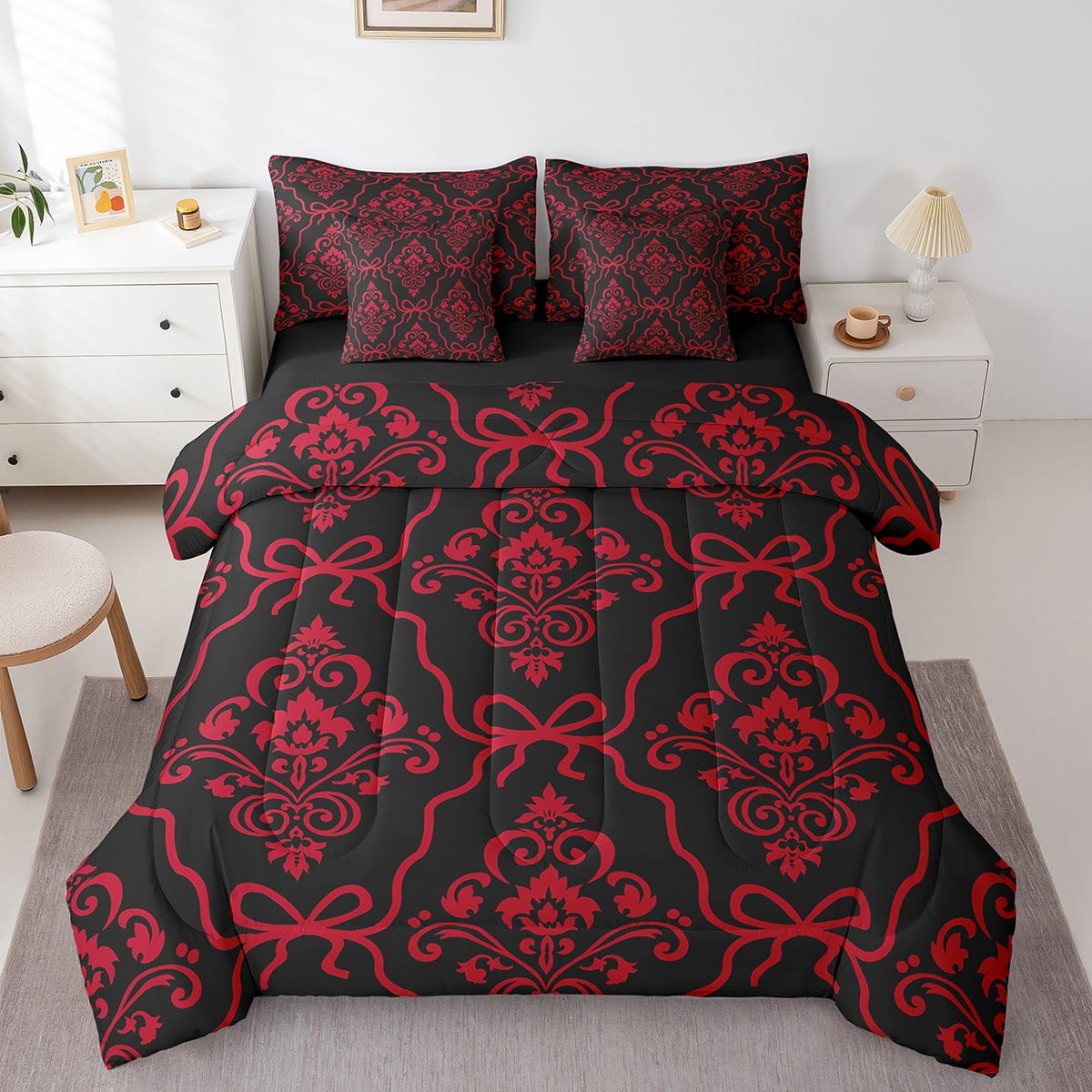 Erosebridal Retro Damsk Bed in a Bag King Size,Red Bowtie Bed Set,Gothic Art Bedding King Size ...