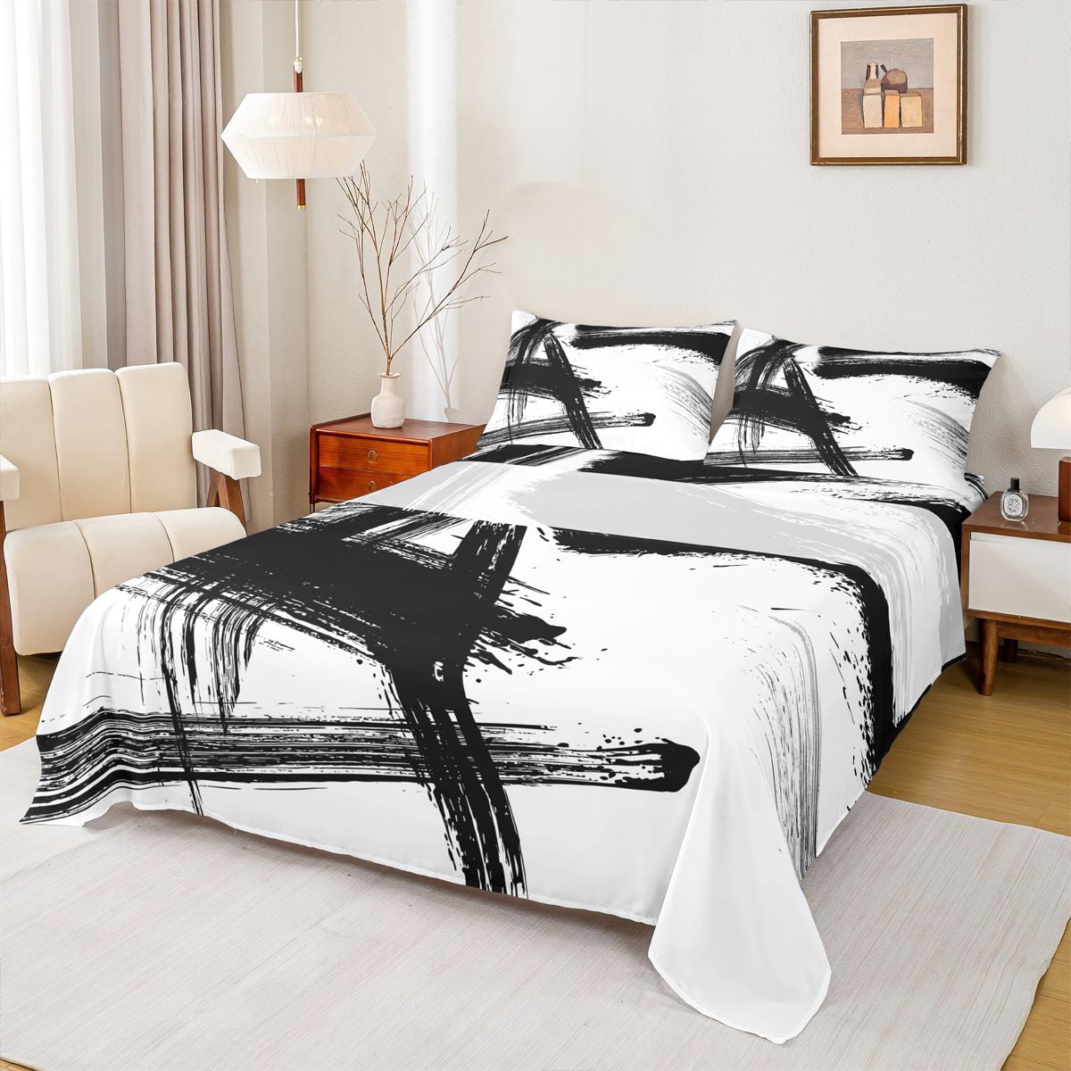 Erosebridal Retro Geometric Stripes Bed Sheets,White Black King Sheets ...
