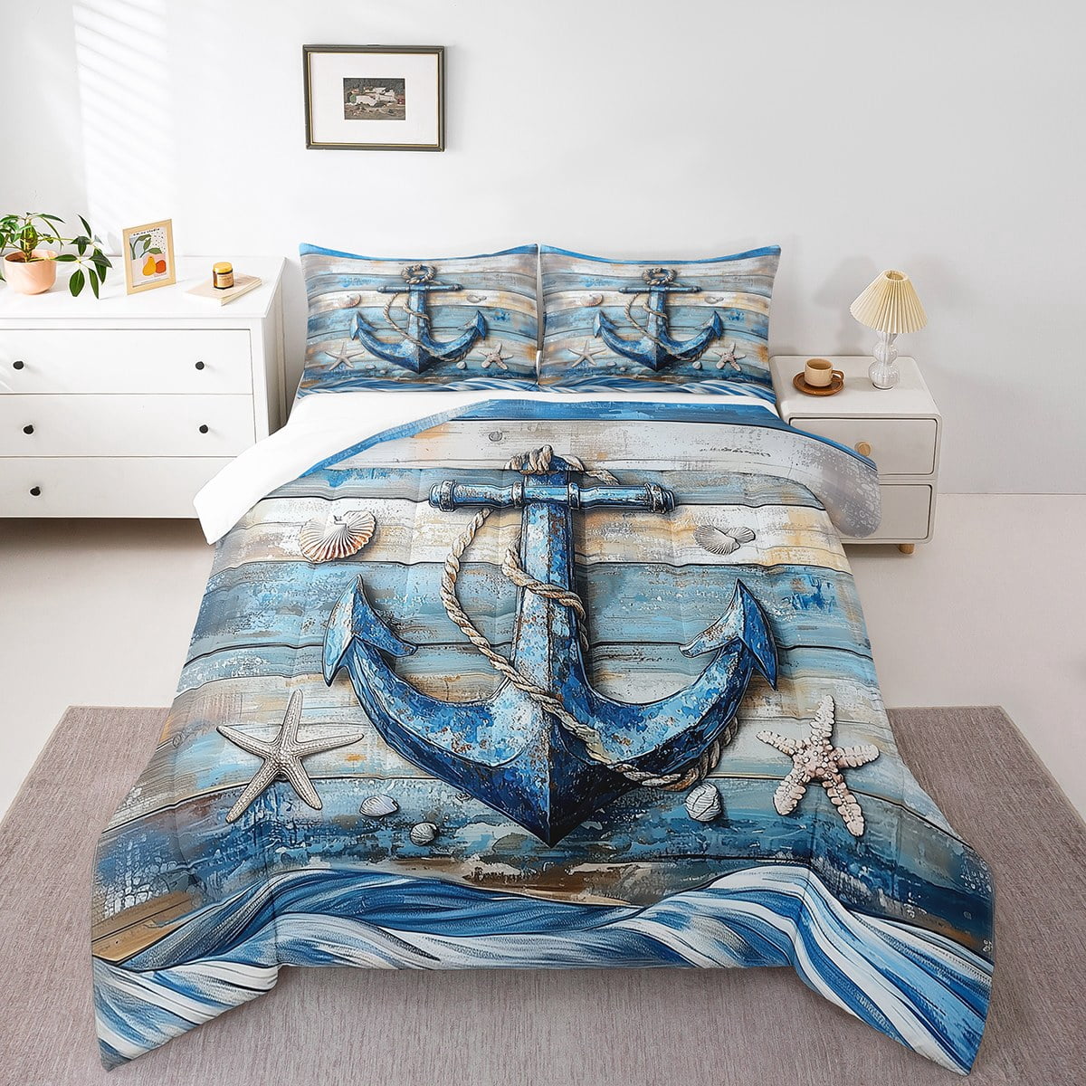 Erosebridal Retro Nautical Anchor Bedding King Comforter Set,Coastal ...