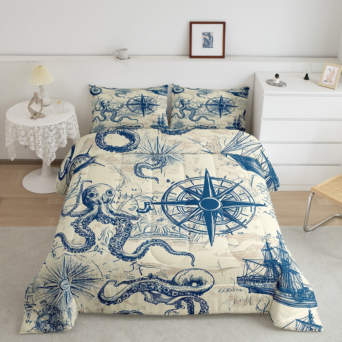 Erosebridal Retro Nautical Comforter Sets King Size, Sea Octupus Print ...