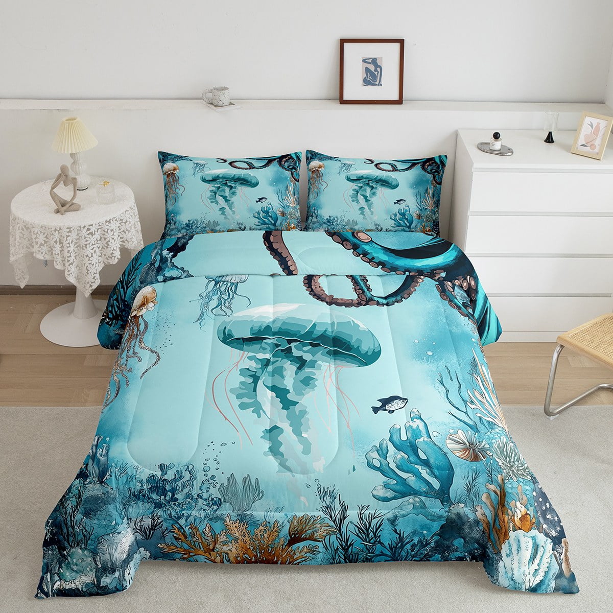 Erosebridal Blue Jellyfish Comforter Sets Queen Size, Watercolor Sea ...