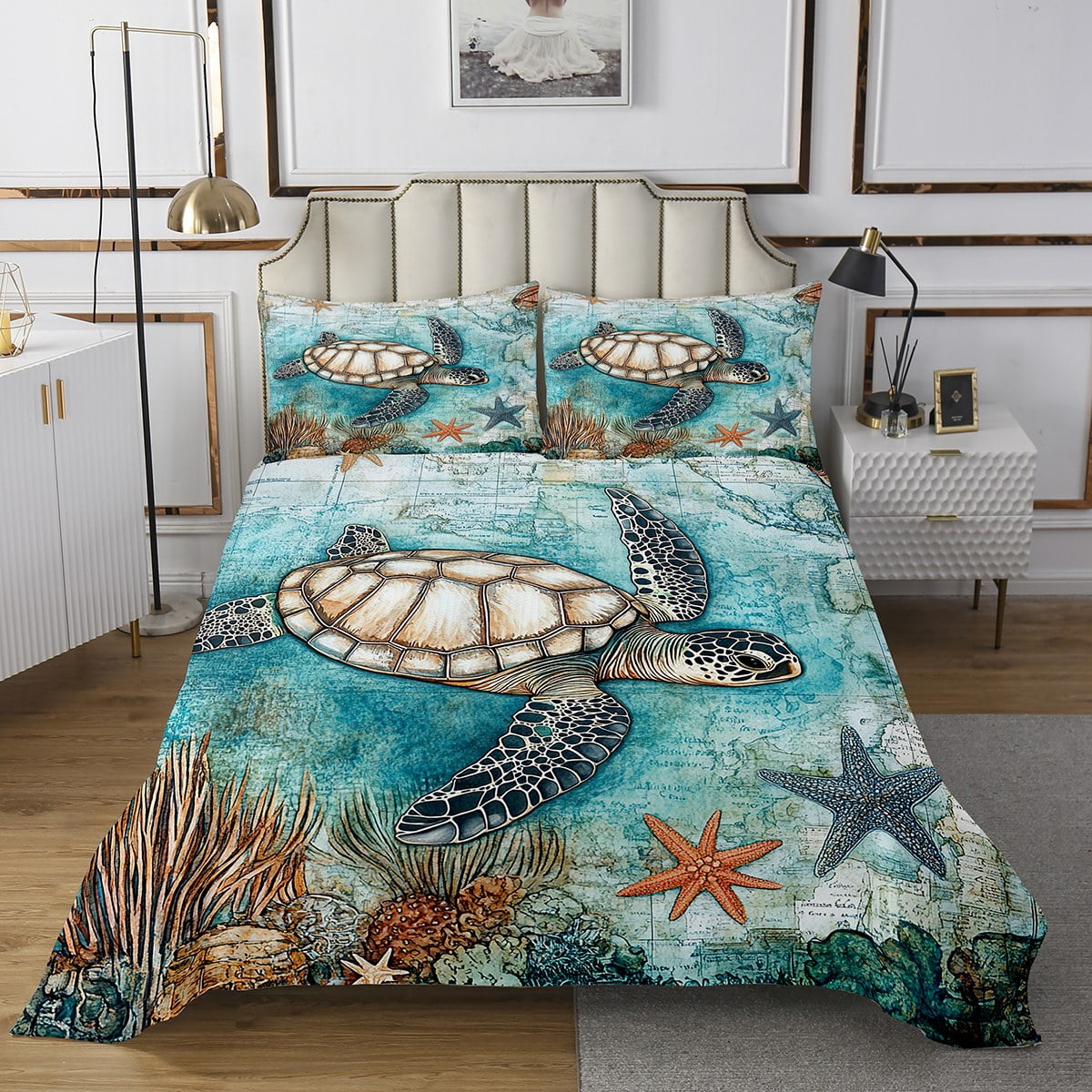 Erosebridal Retro Sea Turtle Bedspread Sets Twin Size, Ocean Starfish ...