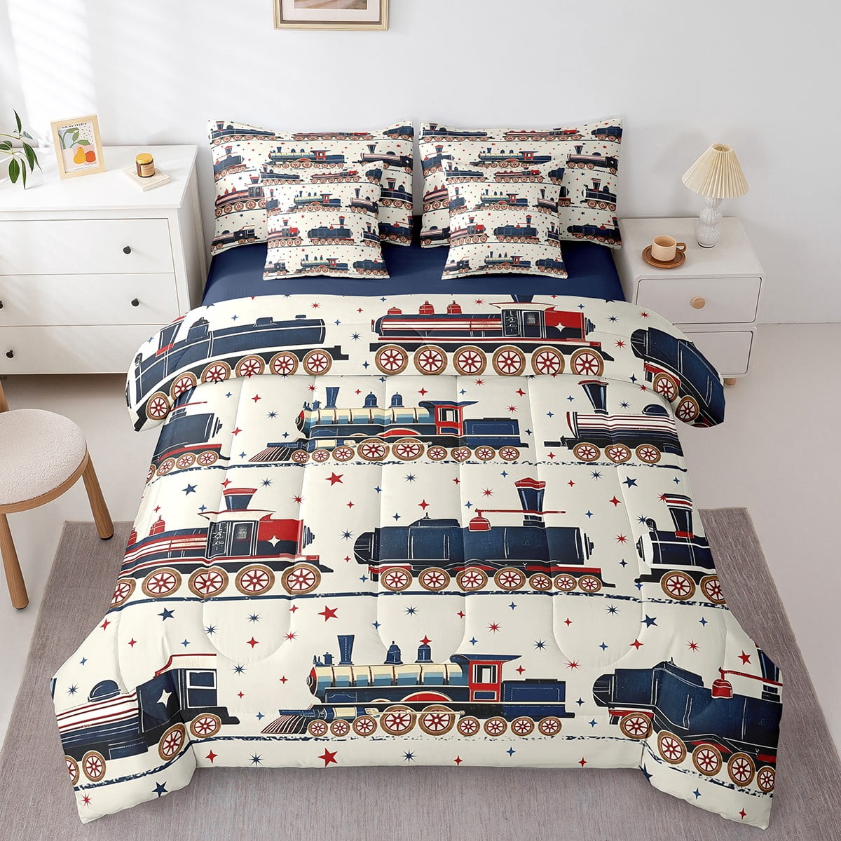 Erosebridal Retro Train Bed in a Bag Queen size, Cute Vehicle Print Bed ...