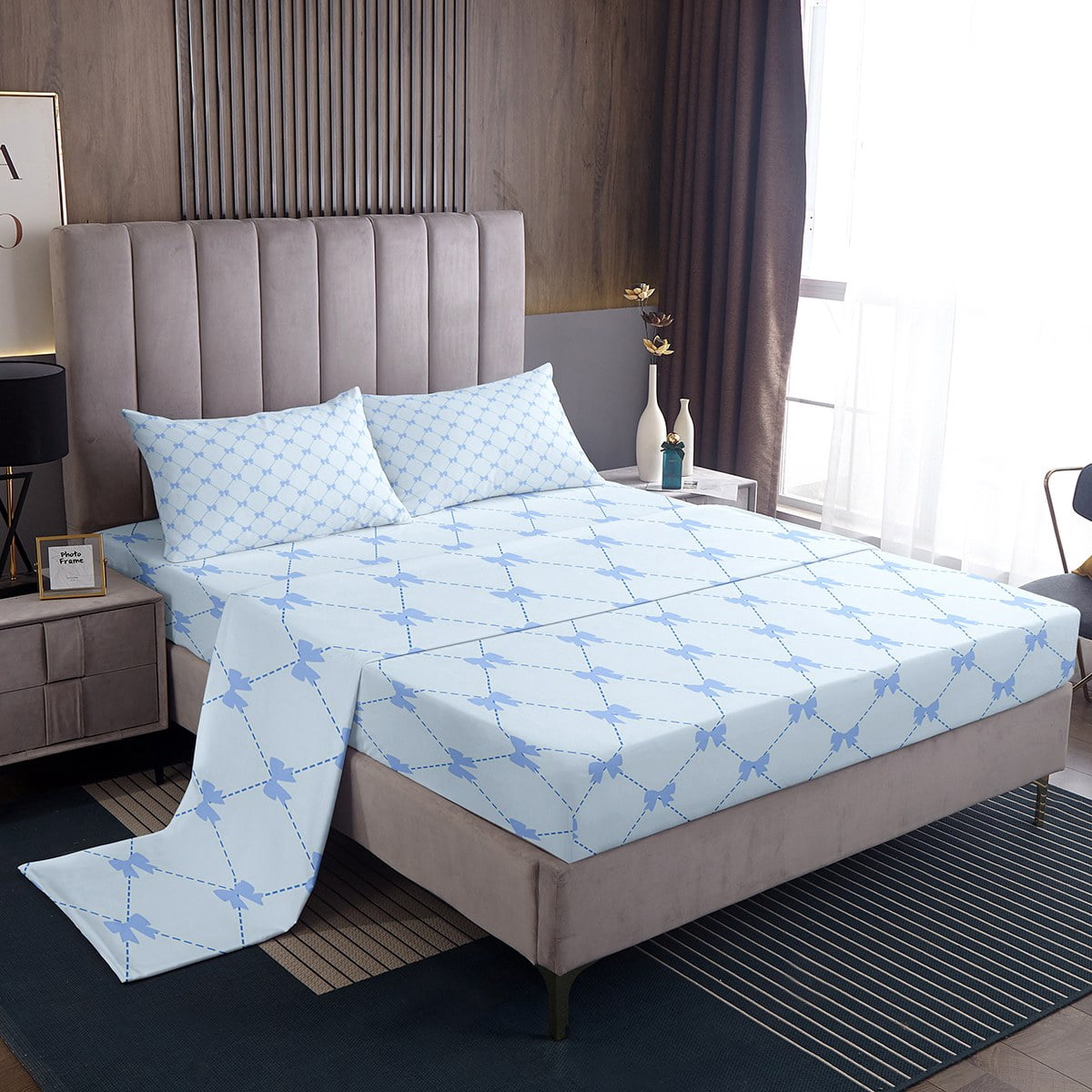 Erosebridal Ribbon Bow Bedding Set Light Blue Girly Bowknot Sheets Cute ...