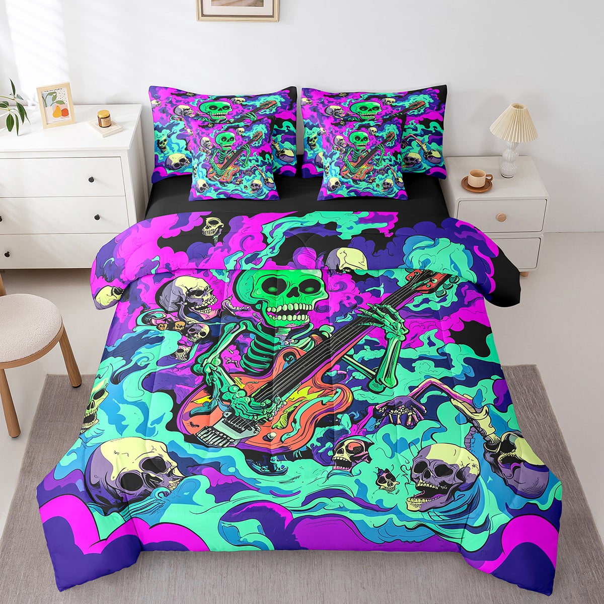 Erosebridal Rock and Roll Bed in a Bag Queen size, Skull Skeleton ...
